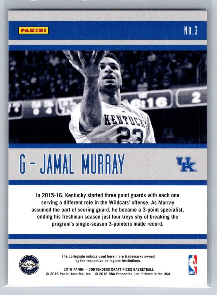 2016 Panini Contenders Draft Picks School Colors Jamal Murray #3 | eBay