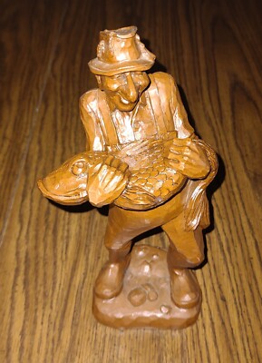 Vtg Red Mill Fisherman Statue Big Catch Pecan Shells Resin Signed ...
