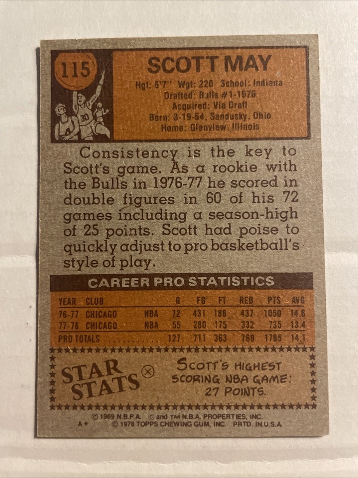 1978 Topps Scott May Autographed Card #115 Chicago Bulls CB543 | eBay