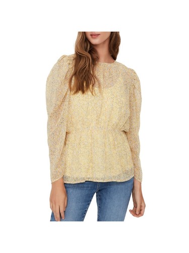 AWARE BY VERA MODA Womens Yellow Printed Pouf Sleeve Peplum Top M ...