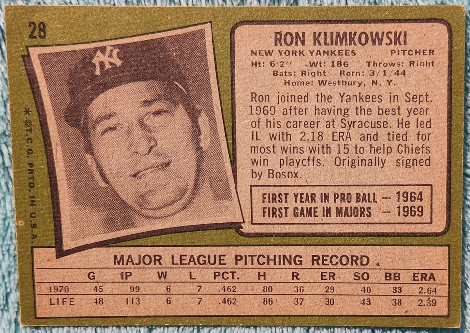 Ron Klimkowski New York Yankees 1971 Topps Baseball Card #28 Vg | eBay