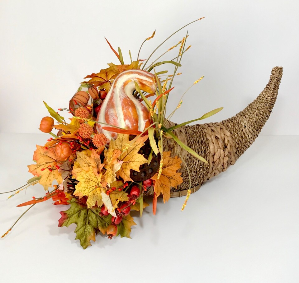 WICKER CORNUCOPIA FALL BASKET LARGE CENTERPIECE ARRANGEMENT ...