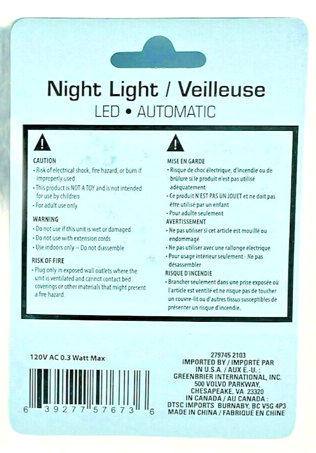 Intertek LED Night Light (500987) Light Sensing, Rotating, 0.4 Watt ...