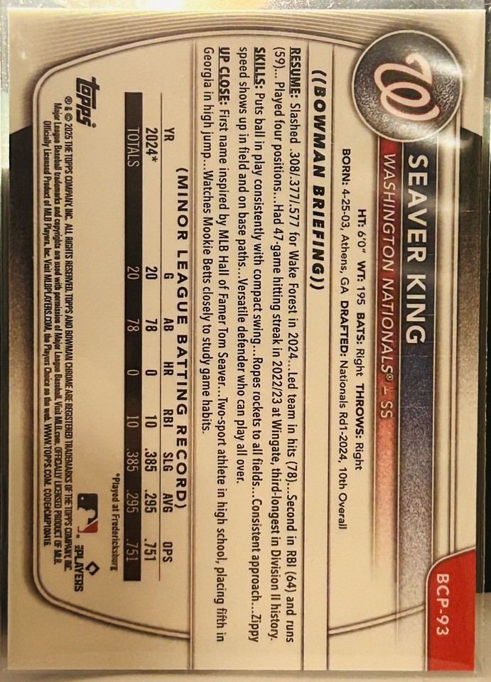 2025 Bowman - Chrome Prospects Seaver King #BCP-93 Reptilian Refractor ...