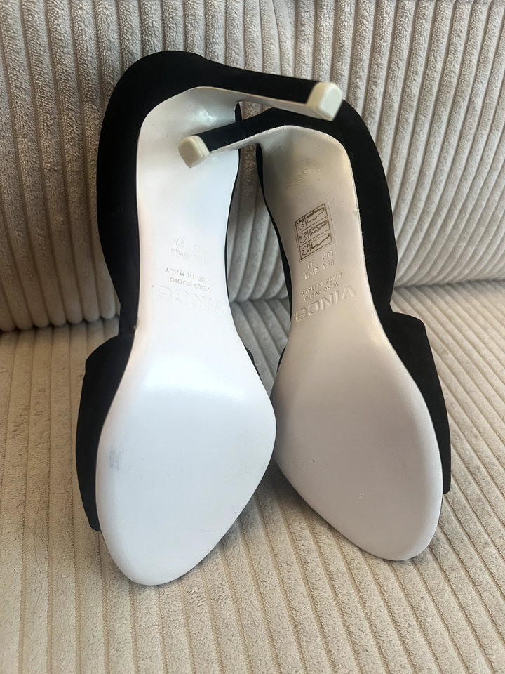 $365 NEW VINCE Black Suede White Bottom Thick Strap Heels Size 37 | eBay