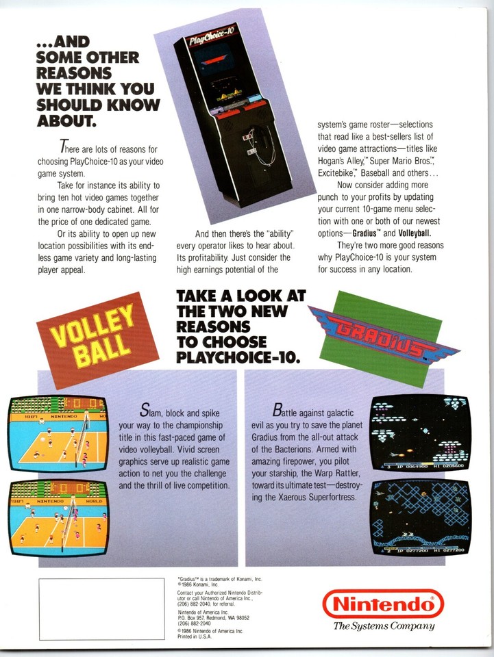 Playchoice 10 Arcade Game FLYER Original 1986 Video Game Gradius Volley ...
