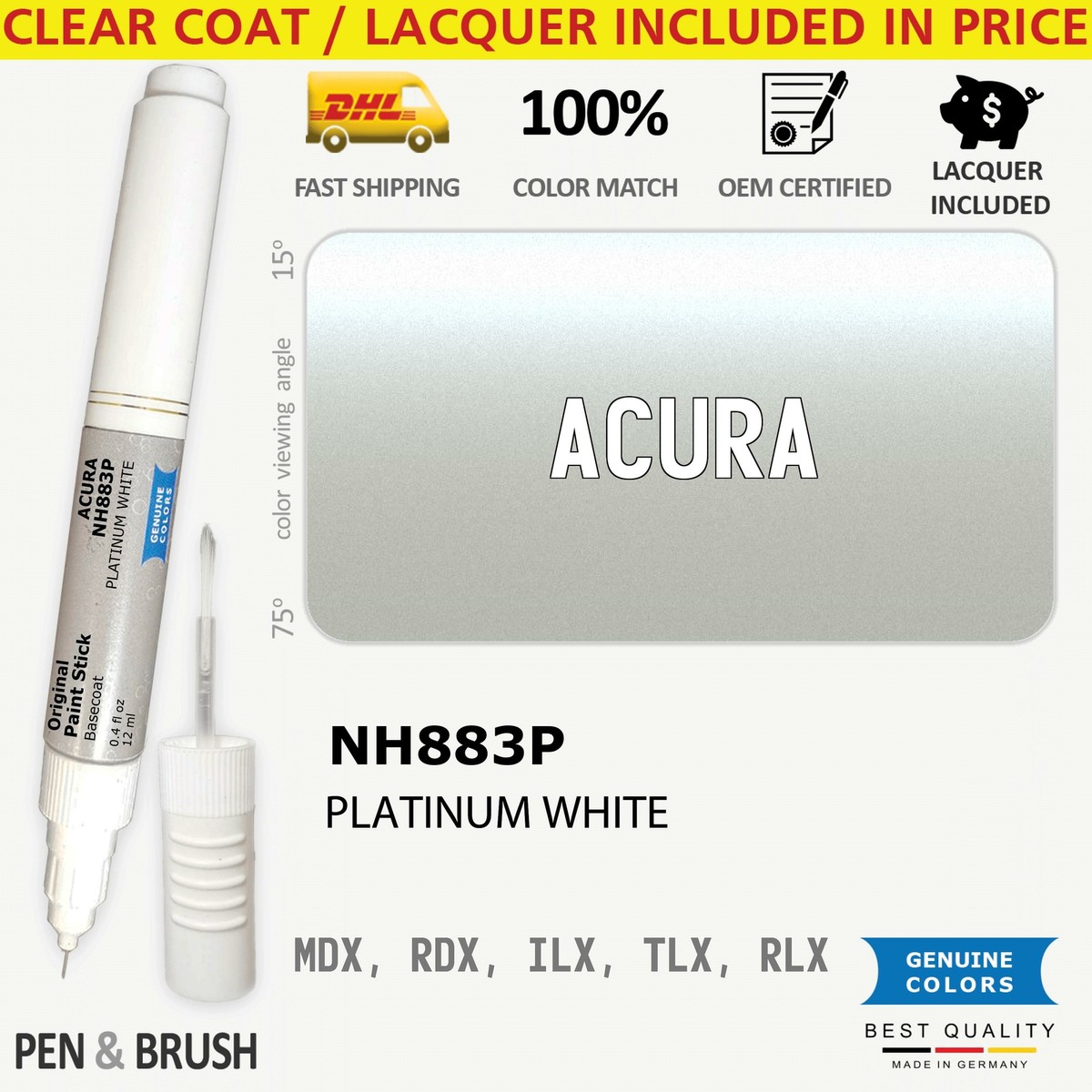 Acura Touch Up NH883P Touch Up Paint For Acura White MDX RDX ILX TLX