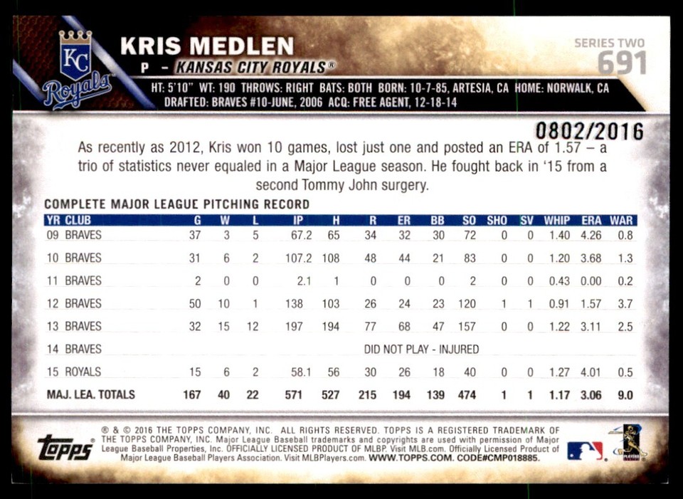 2016 Topps Kris Medlen /2016 Kansas City Royals #691 | eBay