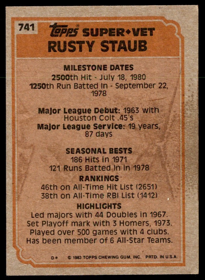 1983 Topps Rusty Staub Houston Colt .45's/New York Mets #741 | eBay