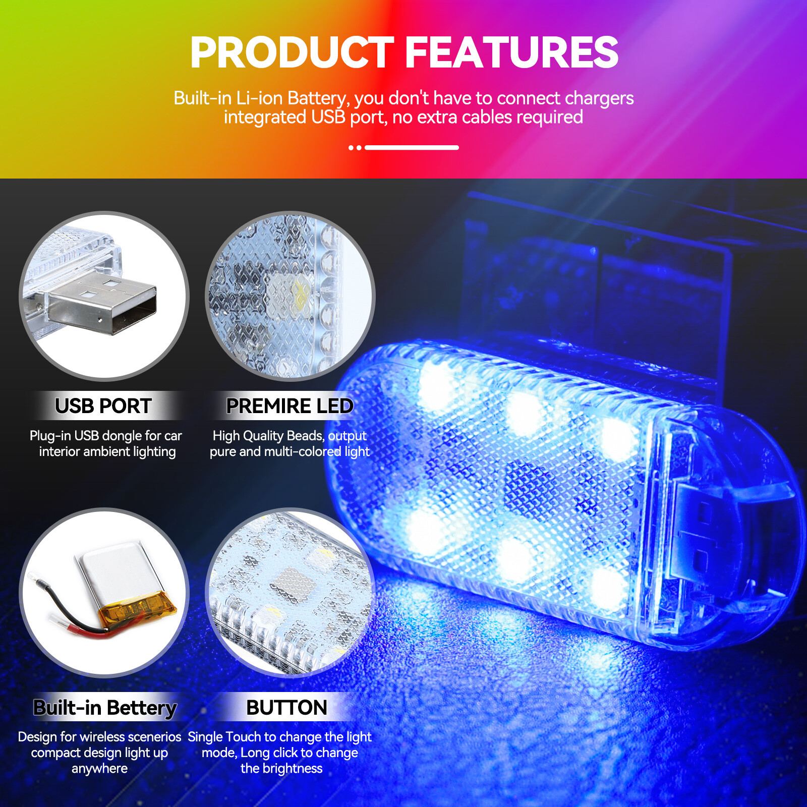 Car Mini Touch Light Rechargeable Ambinet Light Roof Ceiling Reading ...