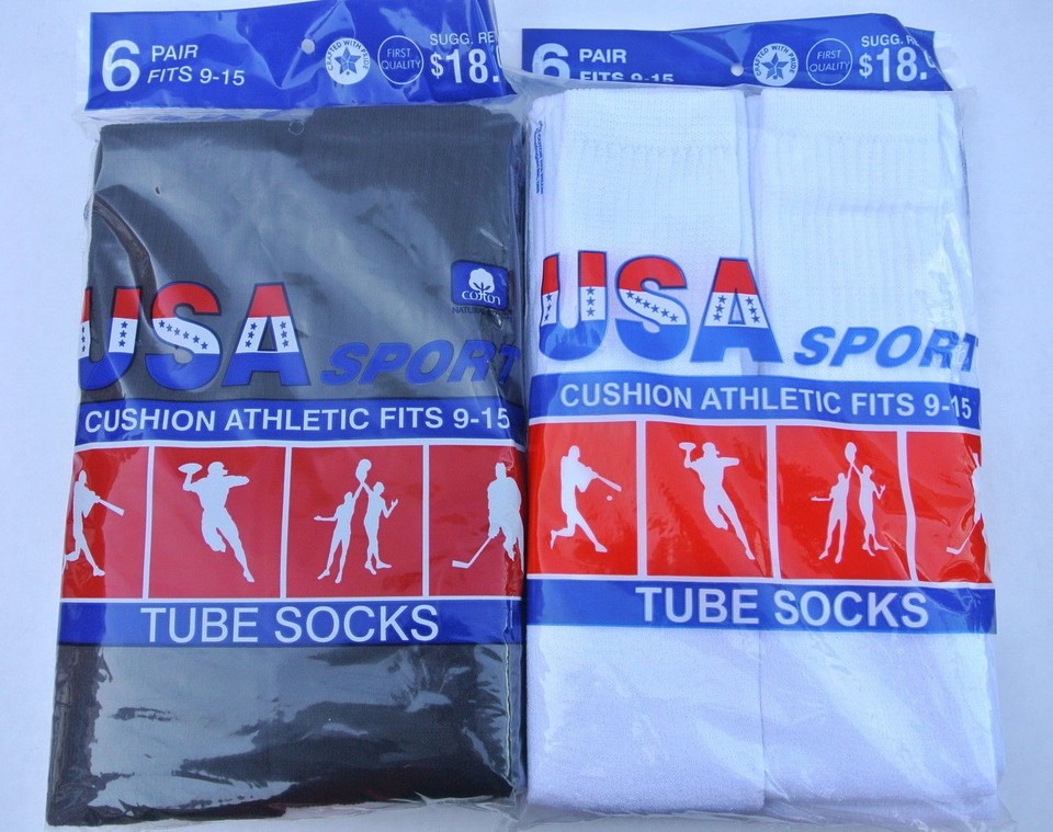 12 Pairs New White Mens Athletic Sports Crew TUBE Socks 9-15 Made In ...