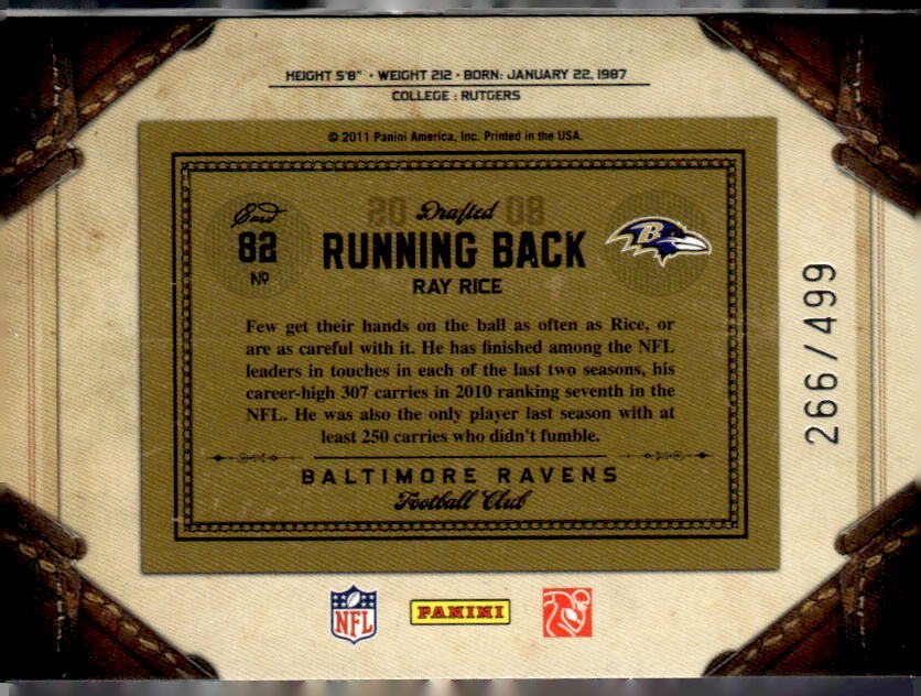 2011 Panini Timeless Treasures #82 Ray Rice #/499 Baltimore Ravens (C ...