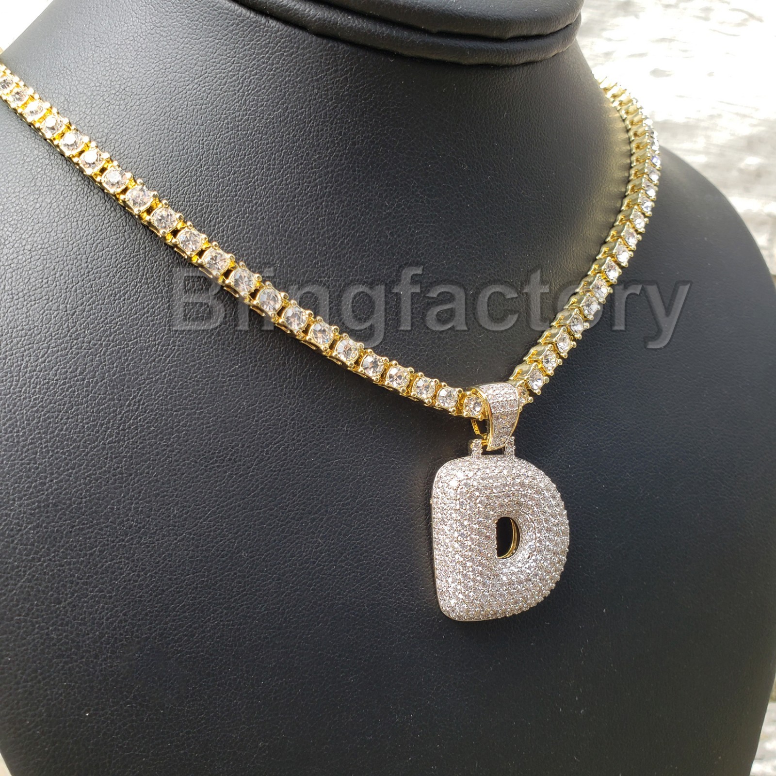 Hip Hop Bubble Letter "D" Brass Pendant & 18" 1 Row Tennis Choker Chain ...