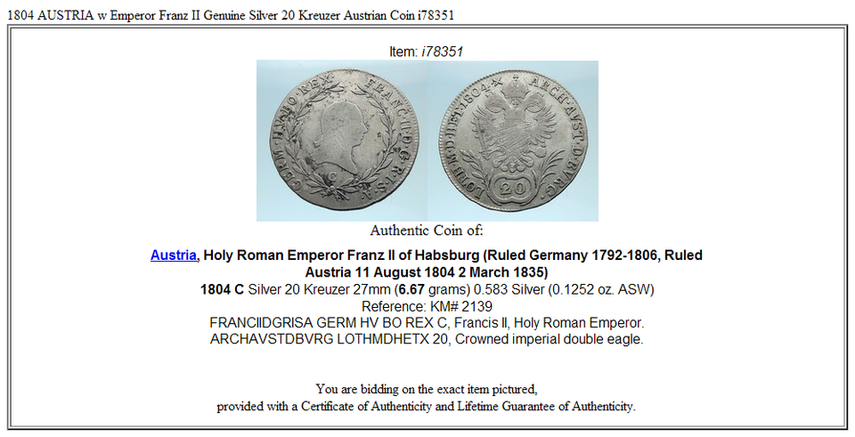 1804 AUSTRIA w Emperor Franz II Genuine Silver 20 Kreuzer Austrian Coin ...