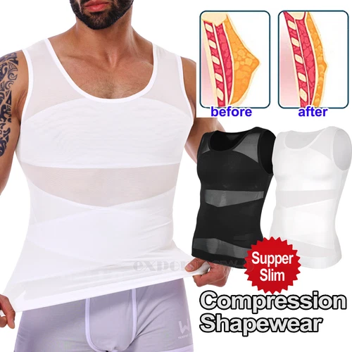 Mens Body Shaper Cross Compression Vest Slimming Shirt Tank Chest Belly ...