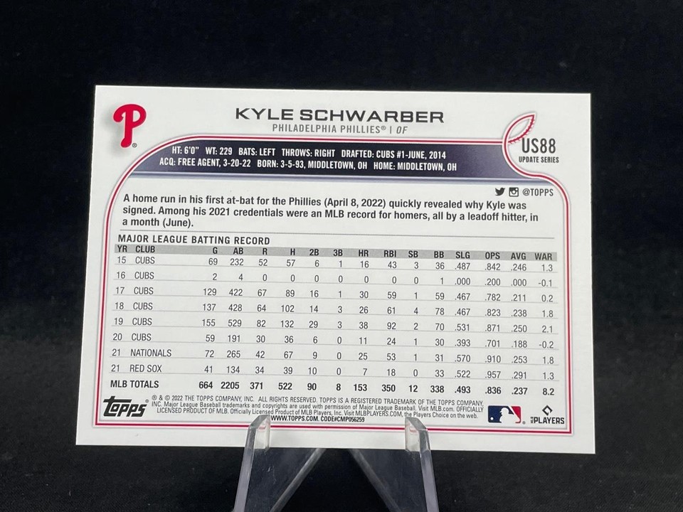 2022 TOPPS UPDATE SERIES KYLE SCHWARBER US88 PHOTO VARIATION SP ...