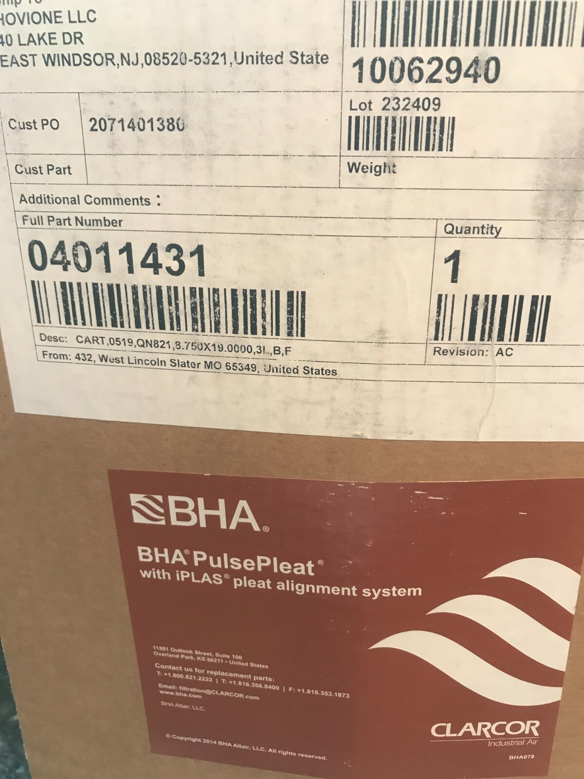 Clarcor BHA Pulse Pleat Dust Collector Filter Cartridge 8.75 x 19" I.D ...