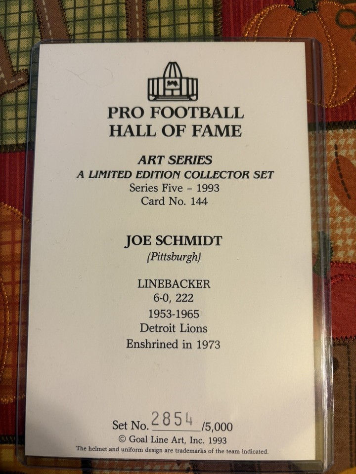 JOE SCHMIDT SIGNED GOAL LINE ART CARD DETROIT LIONS AUTOGRAPHED GLAC | eBay