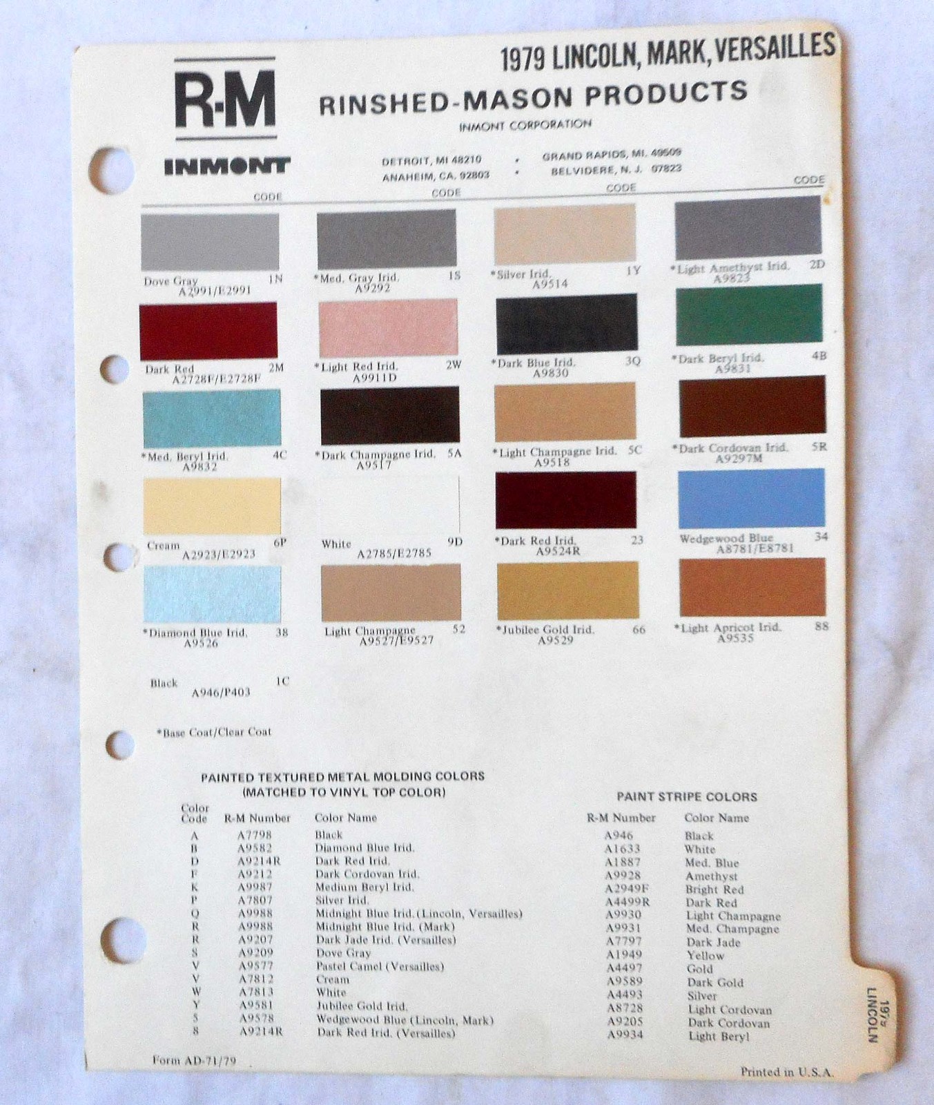 1979 LINCOLN AND FORD THUNDERBIRD R-M COLOR PAINT CHIP CHART ALL MODELS ...