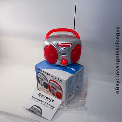 Portable MINI BOOM BOX RED/SILVER AM/FM Radio with Digital Clock NEW ...