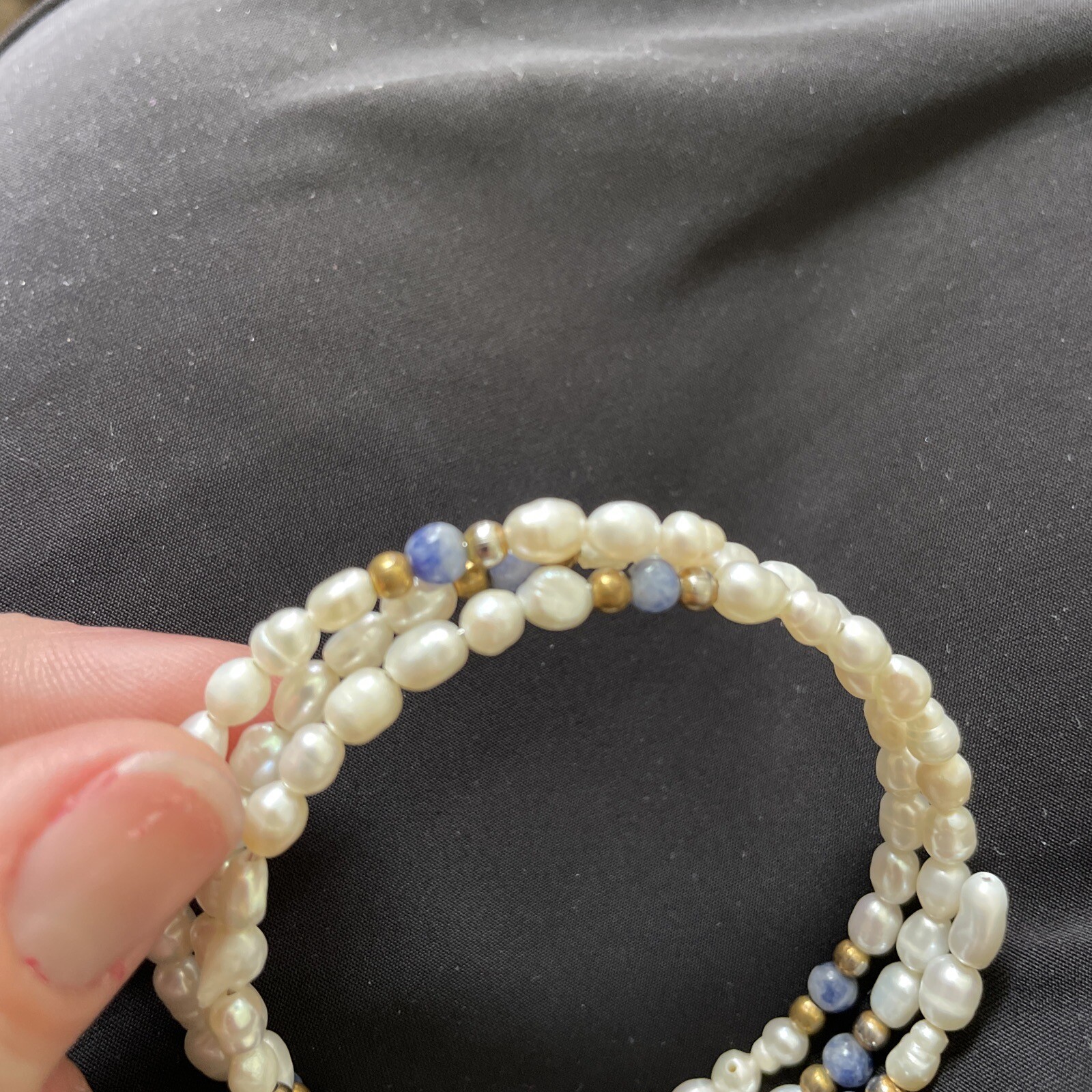WHITE CULTURED FRESHWATER PEARL + BLUE BEADS COIL WRAP BRACELET | eBay