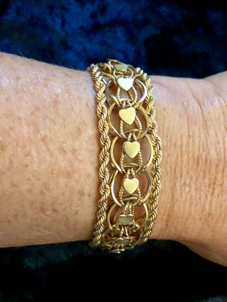 Vintage Solid 14K Yellow Gold Heart Rope Chain Design Link Bracelet 7 1 ...