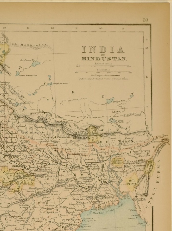 1897 ANTIQUE MAP INDIA HINDUSTAN BHUTAN RAJPUTANA MYSORE CEYLON DECCAN ...