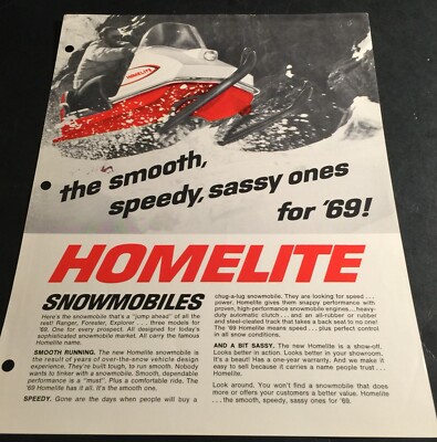 RARE VINTAGE 1969 HOMELITE SNOWMOBILE SALES BROCHURE SINGLE PAGE 2 ...