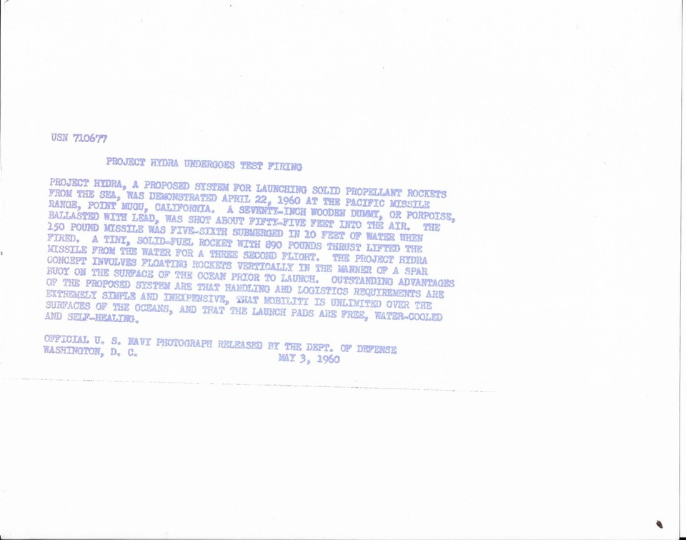NAVY PROJECT HYDA SOLID PROPELLANT ROCKETS 1960 8" X 10" B/W ORIGL ...