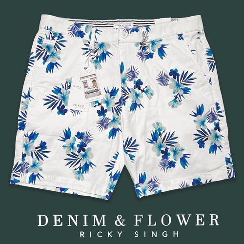 NWT Denim & Flower Ricky Singh Men's Power Stretch White Blue Floral ...