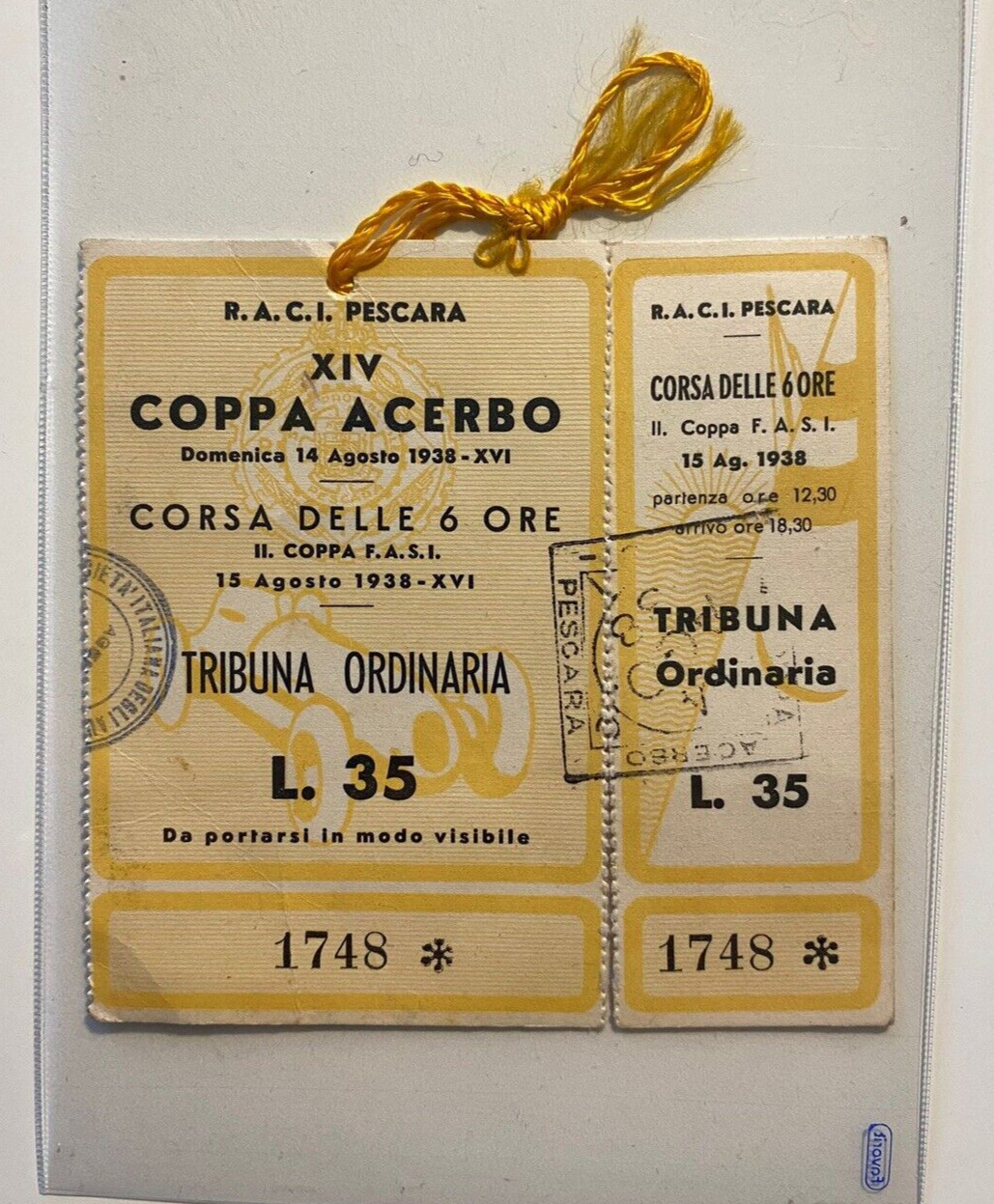16a Coppa Acerbo – 1938 Pescara. Raro Biglietto (Caracciola Nuvolari F1 ...