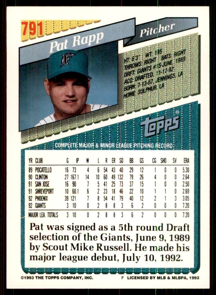 1993 Topps Pat Rapp Baseball Cards #791 | eBay