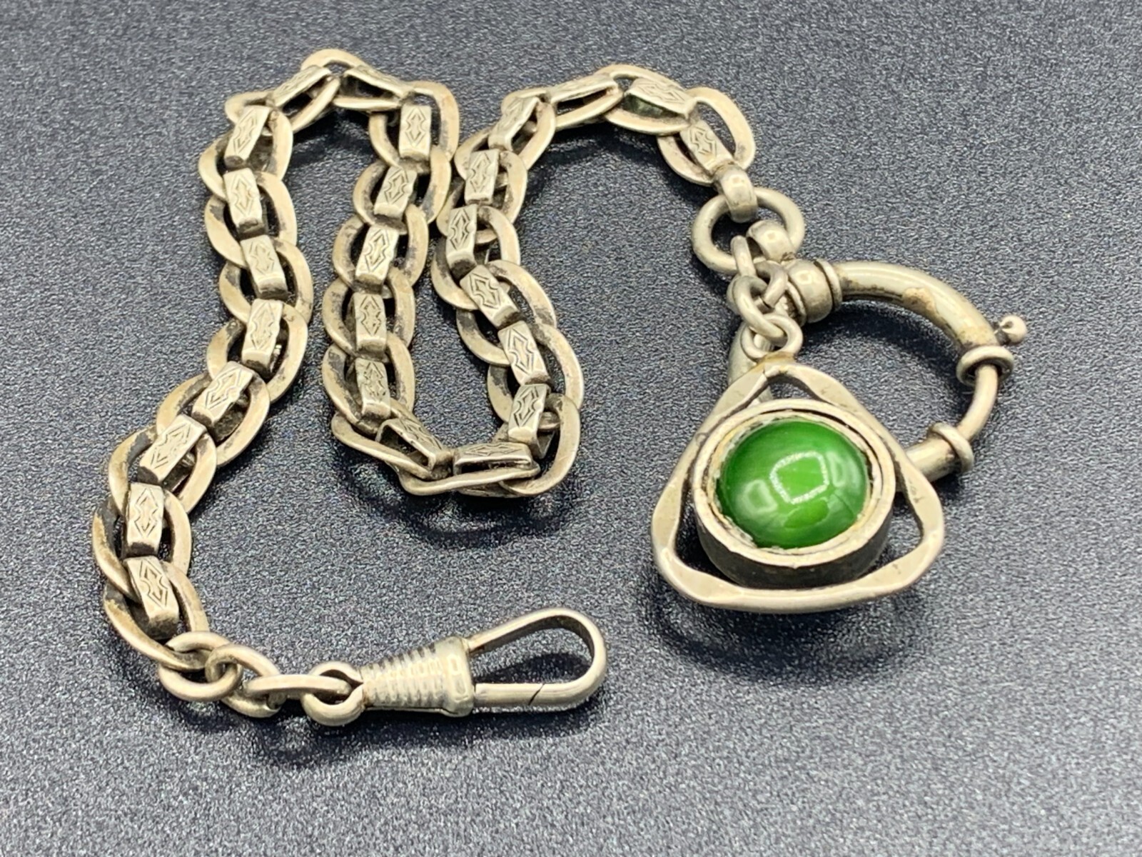 Antique German Alpaka Pocket Watch Chain Jade Green Gemstone Fob ...