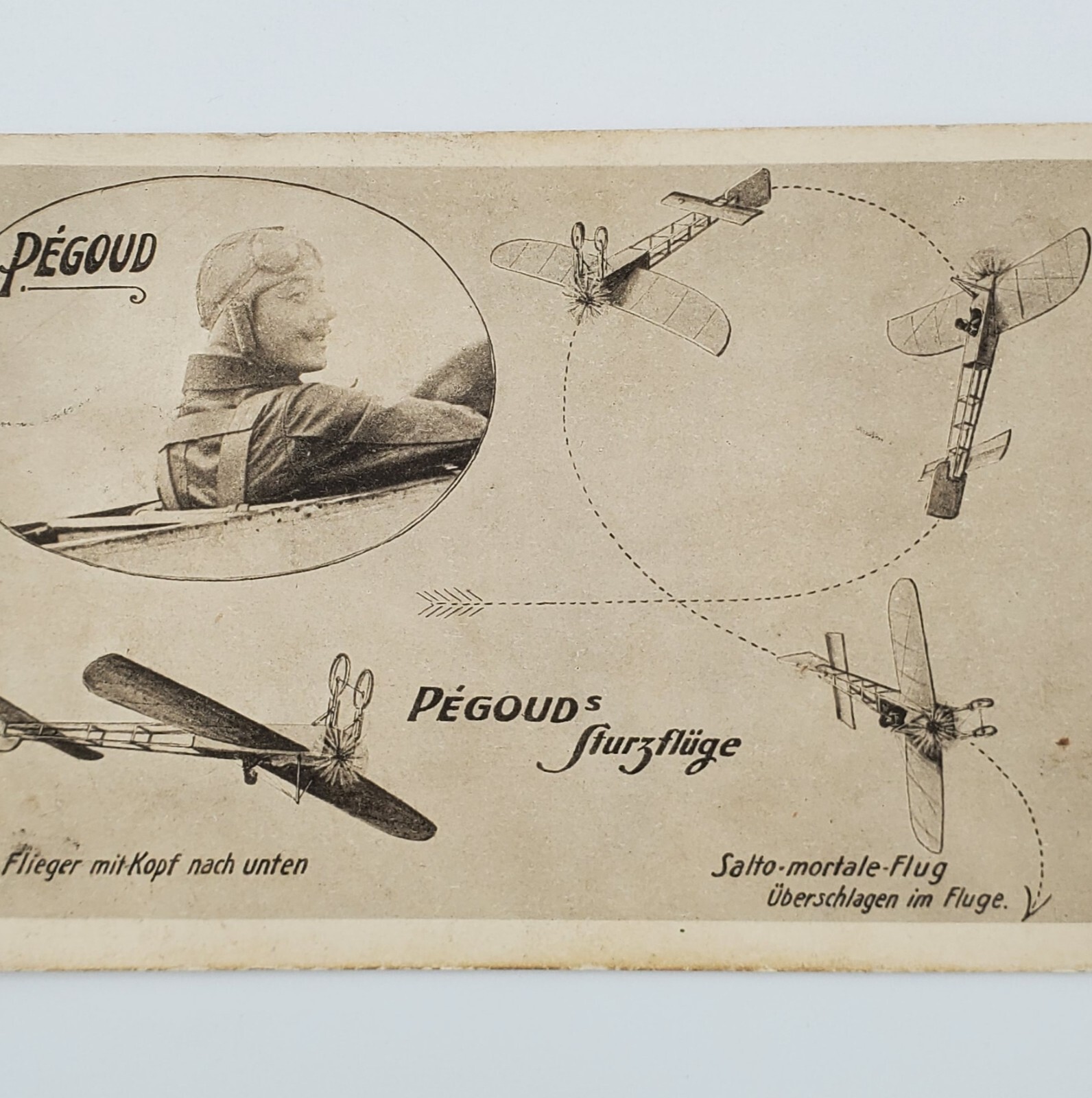 Original WWI WW1 French fighter pilot ace Adolphe Pegoud plane postcard ...