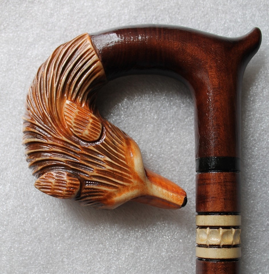 FOX Gorgeous Hand Carved Wooden Folk Art Linden 36" WALKING STICK Cane ...