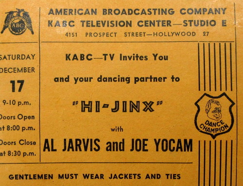 Vintage TV Bandstand Dance Show Ticket KABC Hi Jinx Al Jarvis Los ...