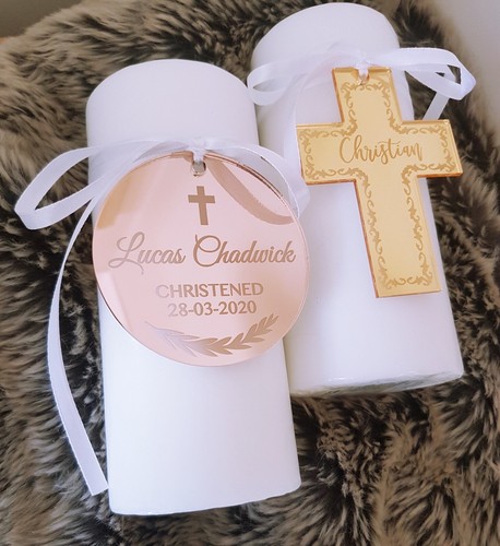 Personalised Acrylic Mirror Engraved disc candle Wedding Baptism Holy ...