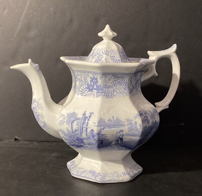 Antique Staffordshire W. Adams & sons Teapot with design/Blue on White ...