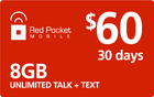 RED POCKET WIRELESS Prepaid $60 Refill Top-Up PIN Card , AIR TIME ...