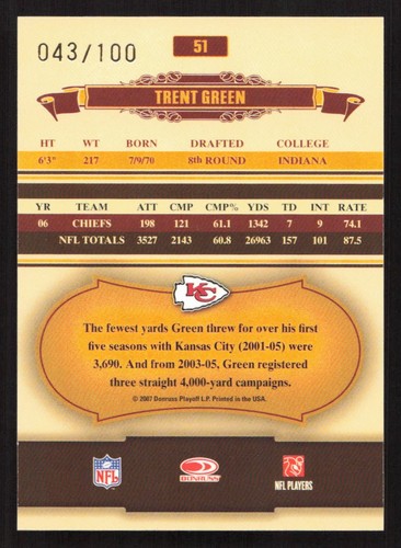 2007 Donruss Classics Trent Green Timeless Tributes Bronze #/100 #51 ...