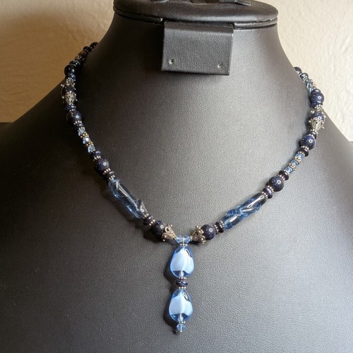 Blue Fused Glass Dangle Gold Stone Crystal Beaded 18" Necklace W ...