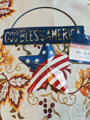 Metal Hanging Americana Welcome Sign God Bless America Red White Blue ...