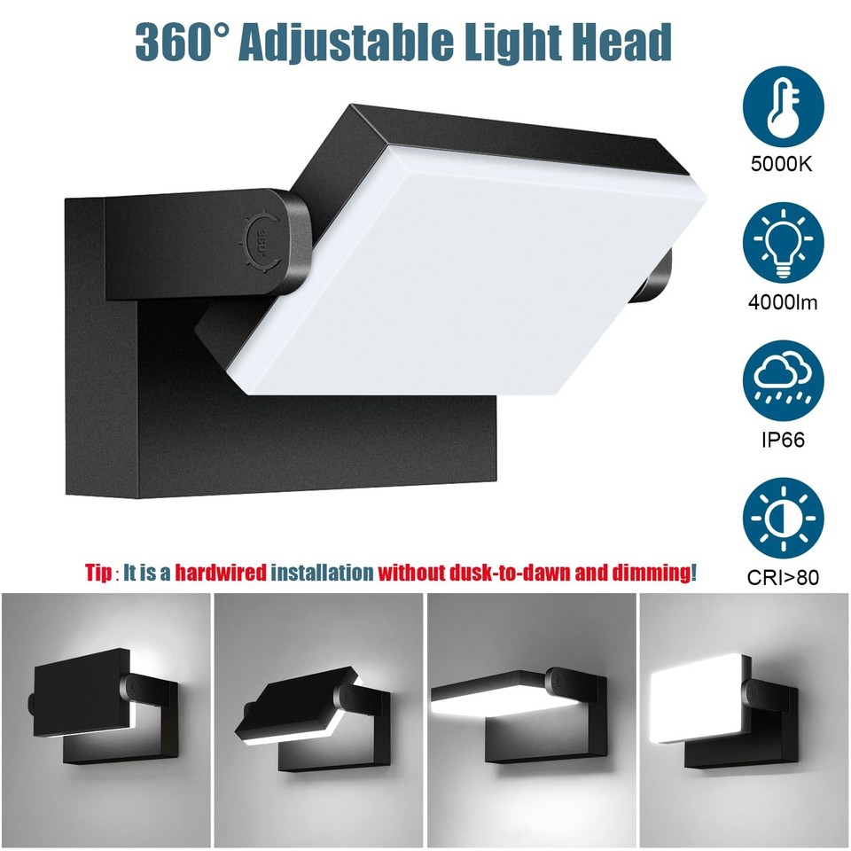 40W Outdoor Flood Light, 5000K 360° Rotating LED Wall Light, IP66 ...