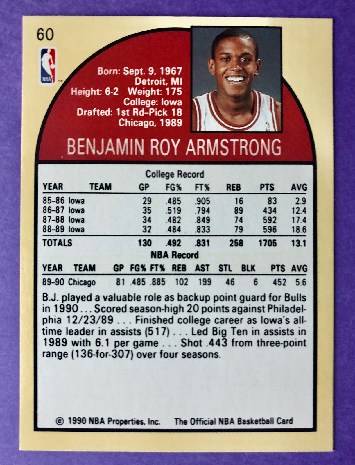 1990 Hoops Rookie B.J. Armstrong #60 Basketball Card Chicago Bulls | eBay