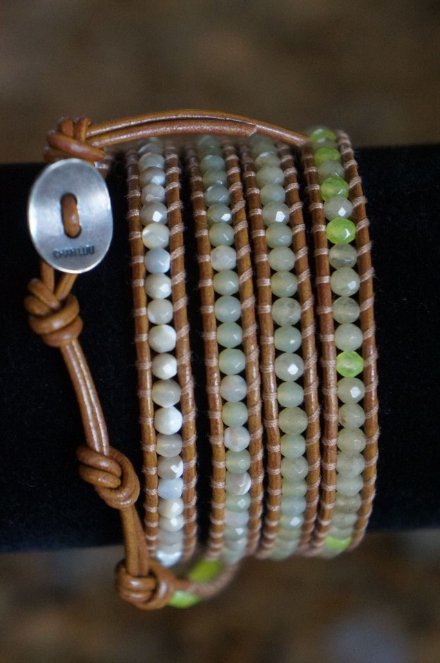 NEW Chan Luu MOP Yellow Semi Precious Stone Mix Natural Leather 5 Wrap ...