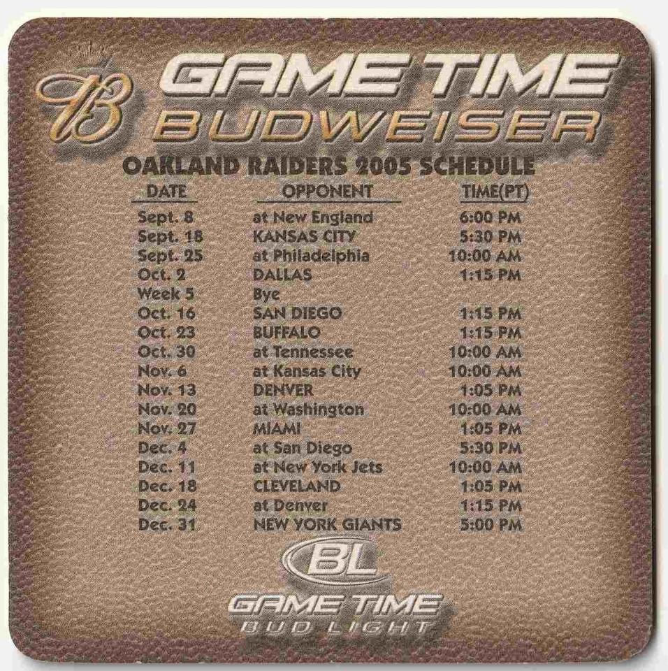 Bud Light Oakland Raiders 2005 Schedule Beer Coaster Budweiser | eBay