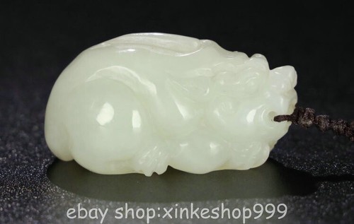 1.8" Chinese Natural Hetian White Jade Carving Dragon pixiu Beast ...