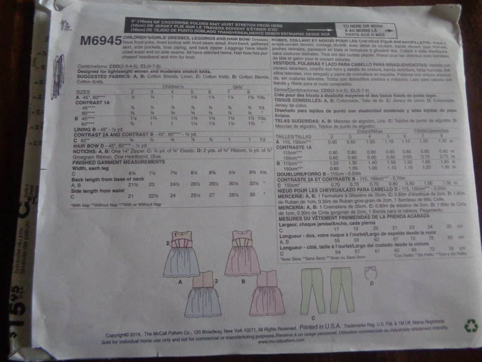 MCCALL'S 6945 EASY SEW PATTERN GIRL'S DRESSES LEGGINS & HAIR BOW SZ 2-5 ...