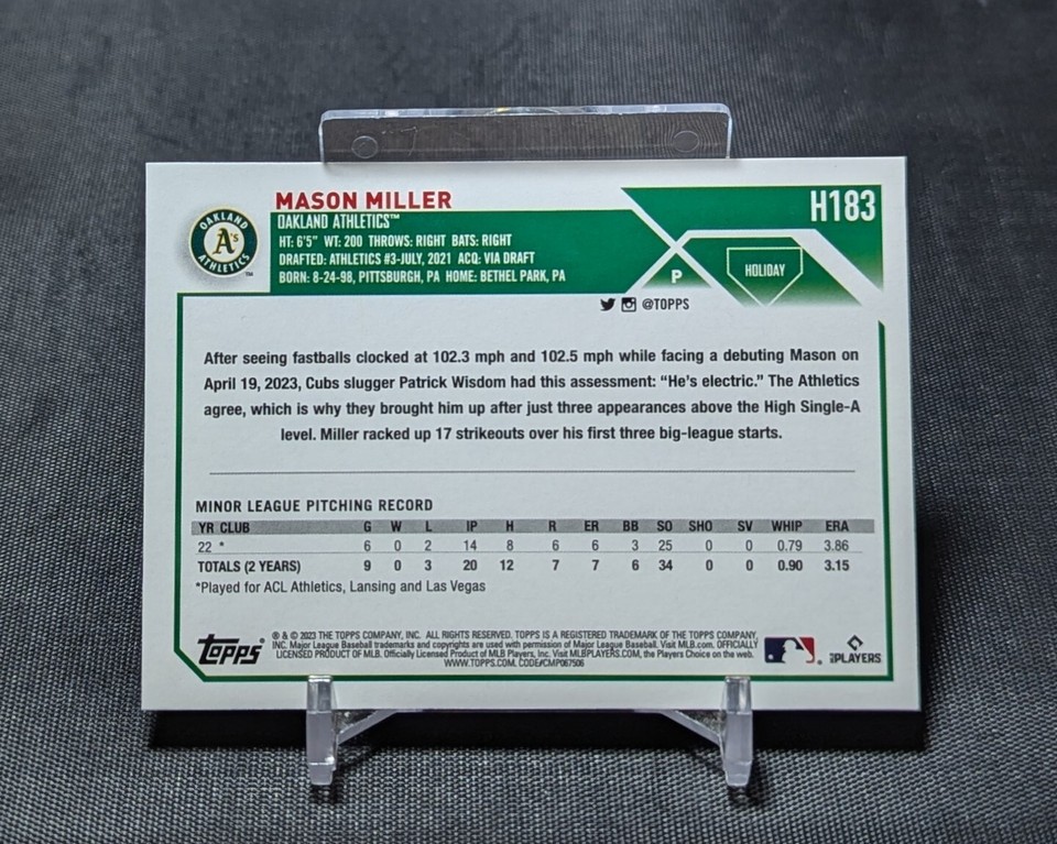 Mason Miller Rookie RC 2023 Topps Holiday Card #H183 Oakland Athletics ...