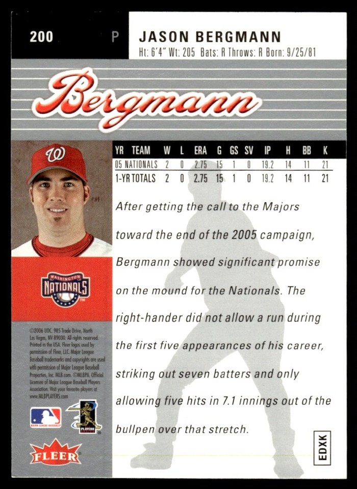 2006 Ultra Jason Bergmann RC Washington Nationals #200 | eBay